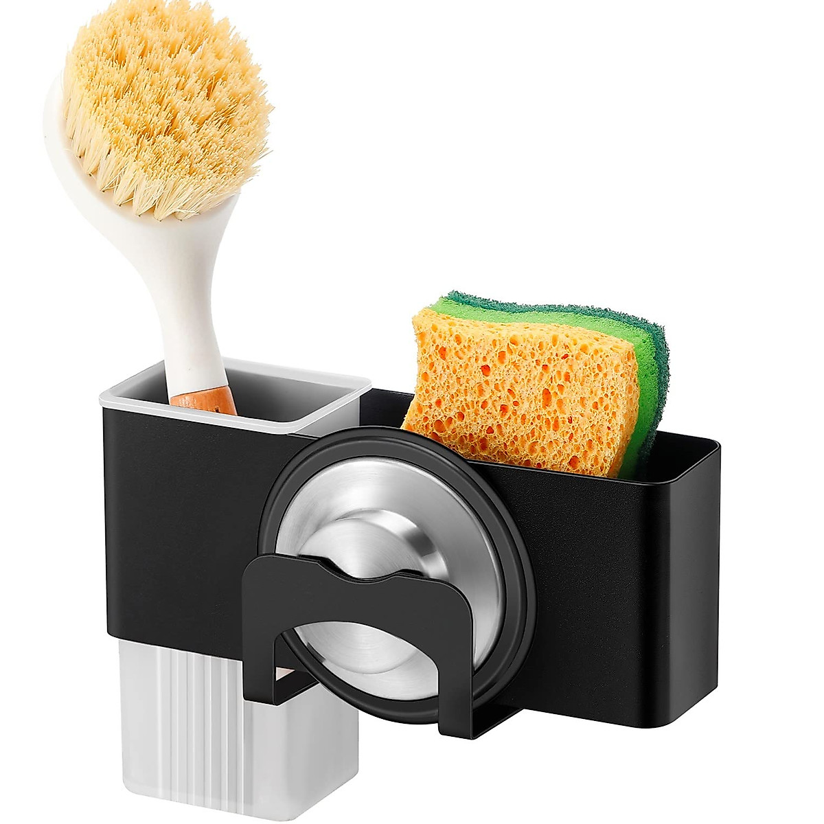 Sink Caddy Sponge Holder, Sponge Caddy and Dish Brush Holder, 3-in-1 Sink Organizer, Come with Sink Stopper Holder, Adhesive Installation, for Kitchen, Bathroom, Matte Black Stainless Steel