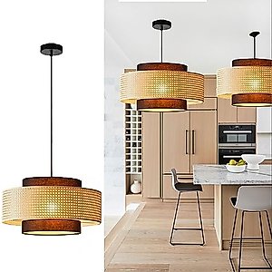 DZQWLL Rattan Pendant Light, Boho Ceiling Light Fixtures with Woven Basket Wicker Shade, Bamboo Light Fixture, Rattan Hanging Lamp Chandelier for Kitchen Living Room Dining Room Bedroom