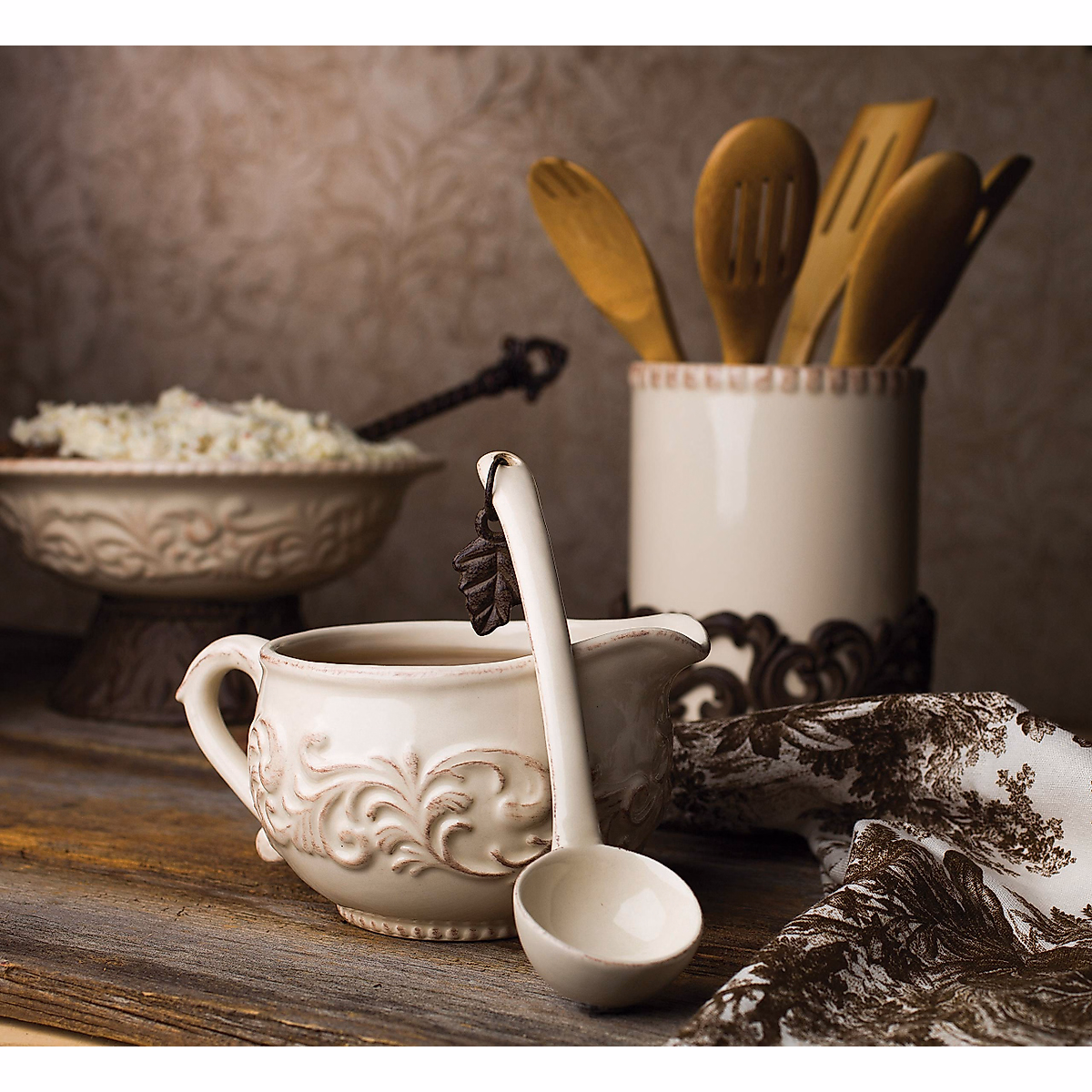Detailed Embossed Cream Ceramic 9.5-Inch Dia. Bowl With Beautiful Acanthus Leaf Scrolled Metal Base