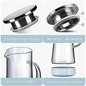 BOQO Glass Water Pitcher,50 Oz Carafe with Lid,Glass Water Jug with Particular Coaster and Brush,Glass Water Jar