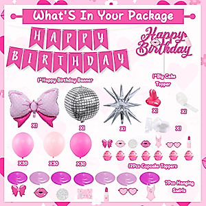 Hot Pink Girl Birthday Party Decorations, Pink Disco Ball Bow Princess Balloon Arch, Pink Happy Birthday Banner, Hanging Swirls, Cake Toppers for Princess Birthday Baby Shower Bachelorette Party Decor