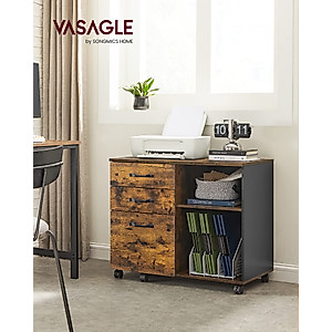 VASAGLE Lateral File Cabinet, Home Office Printer Stand, with 3 Drawers and Open Storage Shelves, for A4, Letter-Size Documents, Rustic Brown + Black