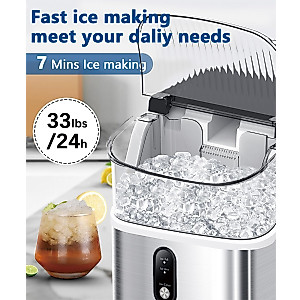 Joy Pebble Nugget Ice Maker Countertop, 10,000pcs/33lbs/Day, Portable Nugget Ice Maker Machine with Handle, Self-Cleaning, Handheld Ice Maker, Stainless Steel