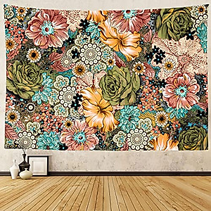 chiinvent Colorful Floral Tapestry Boho Flower Wall Hanging Multi Color Bohemian Flowers Plant Tapestries Botanical Nature Scenery Aesthetic Tapestry Decor for Bedroom Home Party, 59.1" x 82.7"