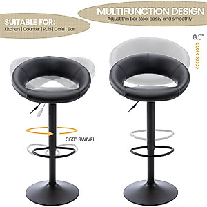 Vogue Furniture Direct Adjustable Bar Stools, Modern Cute PU Leather Swivel Barstools with Hollow Back, Airlift Counter Height Bar Chairs for Kitchen Dining Pub Cafe, Set of 2 (Black, Black Base)