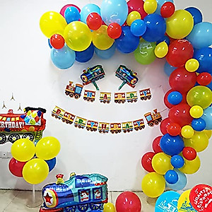 Train Birthday Party Supplies Set - Train Party Decorations with Railroad Balloons Garland,Train Birthday Banner,Train Balloons,Railway Cupcake Toppers for Steam Train Birthday Party,Baby Shower