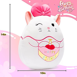 PLAYNICS Large Happy Birthday Cat Plush Pillow Stuffed Animal Toy,14" Big Size Cute Soft Fat Hugging Cuddle Huggable Plushie,Gift for Kids