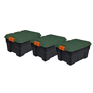 Rubbermaid Pack & Go 14 Gal Storage Tote, Durable Design and Easy to Transport, Built-In Handles, Tie Down Channels and Lockable Snap Tight Lid, Black Base, Green Lid and Orange Handles, Pack of 3