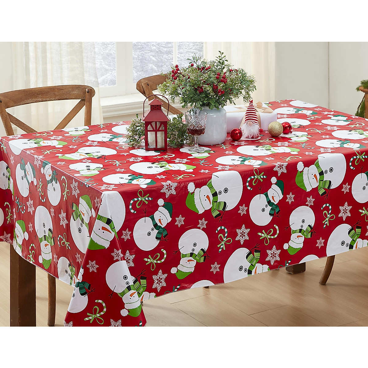 Newbridge Red Swirling Snowman Christmas Vinyl Tablecloth with Flannel Backing, Candy Cane and Snowflakes Xmas Easy Care Vinyl Winter Holiday Tablecloth, 60” x 102” Oblong/Rectangle