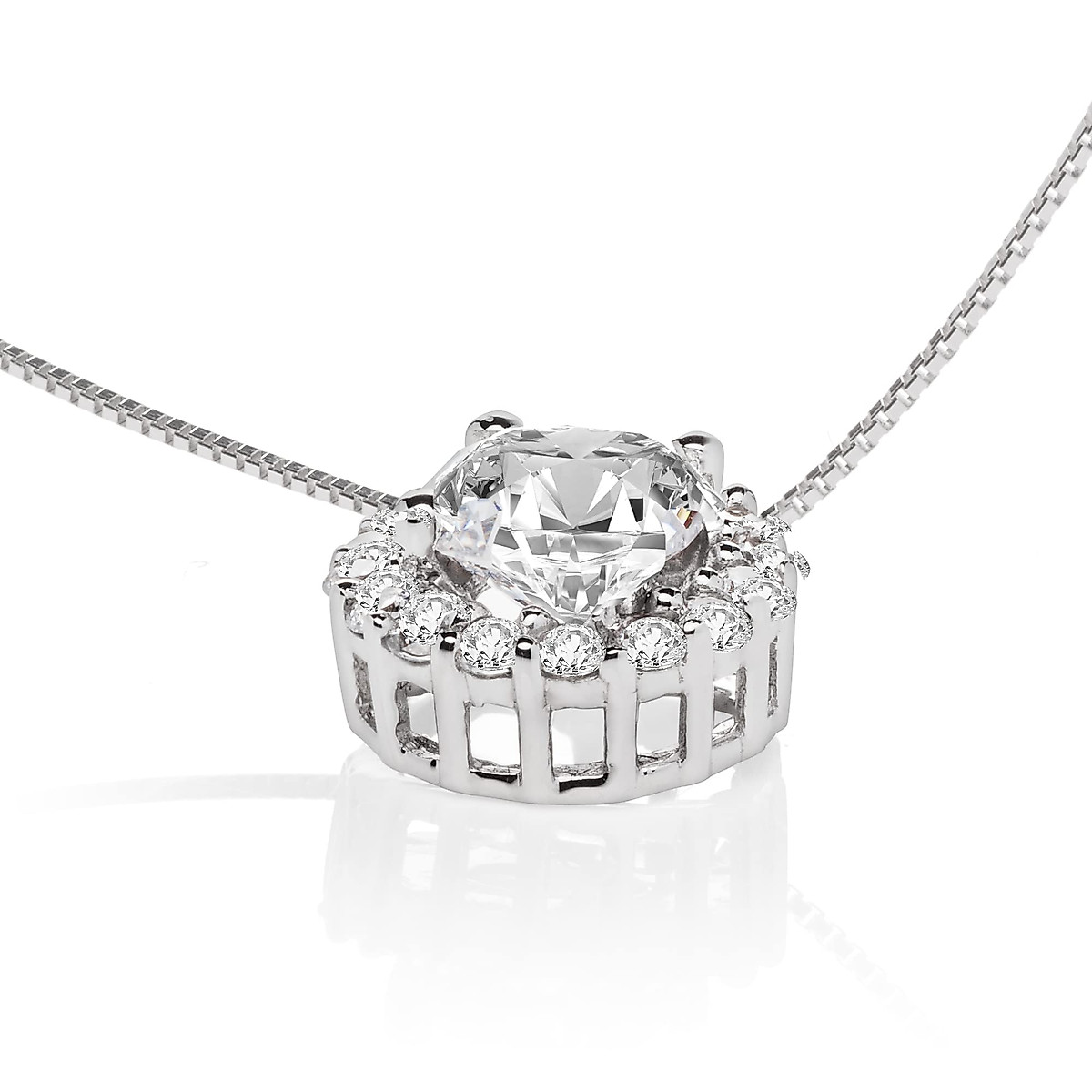 Everyday Elegance 14K Solid White Gold Pendant Necklace | Round Halo Cubic Zirconia Solitaire | 1.25 CTW | 16 Inch .60mm Box Link Chain | With Gift Box