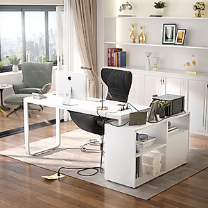 Homieasy L Shaped Desk with File Cabinet & Power Outlet, Reversible 55 Inch Large Corner Computer Desks with LED Strip, L-Shaped Desk with Drawers and Storage Shelves for Home Office, White