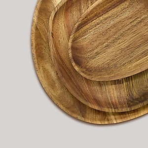 MELELES Acacia Wood Dinner Plates,Wooden Trays Sets of 5,Easy Cleaning & Lightweight for Snacks,Desserts,Fruit,Salads,Unbreakable Oval Charger Plates for Housewarmings,Christmas Gifts