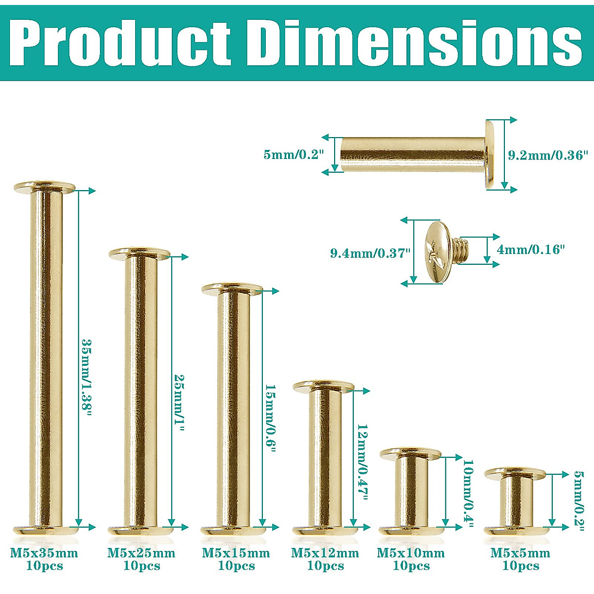 Uenhoy 60 Set Gold Chicago Screws Assorted Kit M5 x 5/10/12/15/25/35mm, Metal Screw Posts Nail Rivet Chicago Button for DIY Leather Crafts Bookbinding, Round Phillips Head Stud Screw