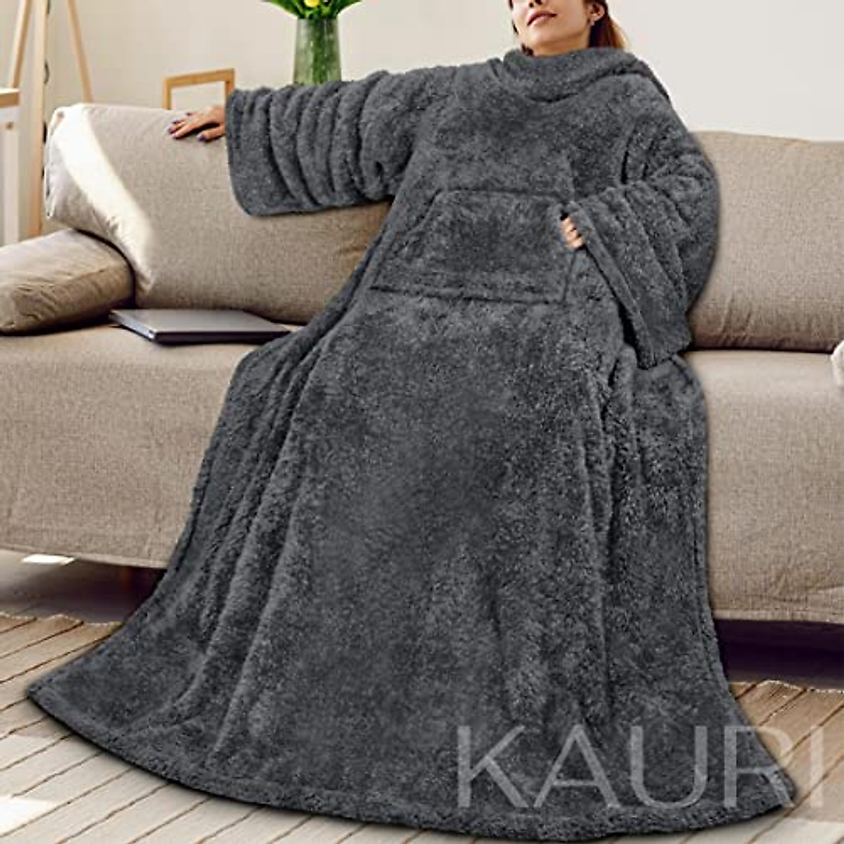 KAURI Oversized XXL Wearable Blanket for Adults - Dark Gray Cozy Wearable Blanket with Pocket - Soft Comfy Fleece Snuggle Wrap Throws Blanket Robe for Women and Men