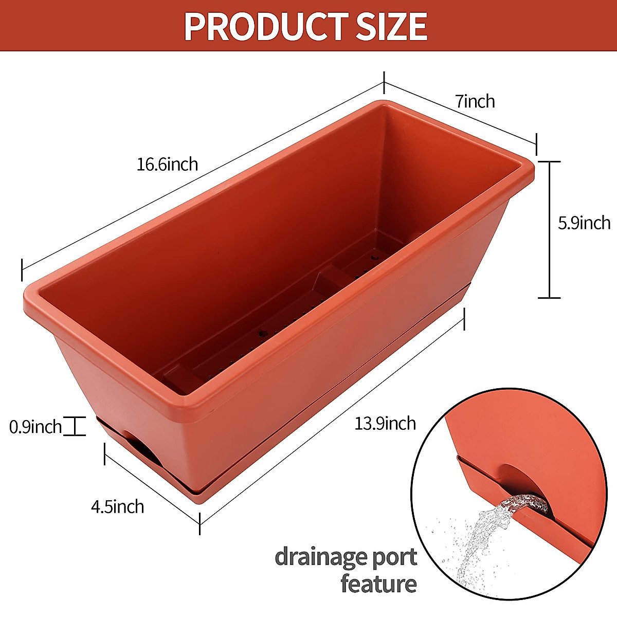 CHUKEMAOYI Window Box Planter, 12 Pack Plastic Vegetable Flower Planters Boxes 17 Inches Rectangular Flower Pots with Saucers for Indoor Outdoor Garden, Patio, Home Decor (Brick red)