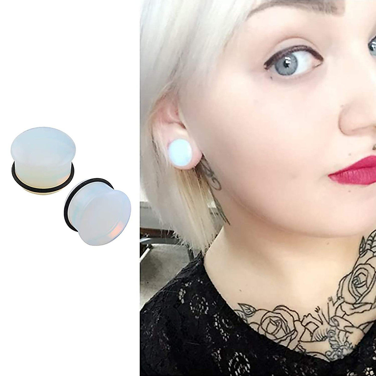 ZS 6 Pairs Mixed Stone Single Flare Ear Plugs Gauges Tunnels Expander with Silicone O-Ring (Gauge=4g(5mm))