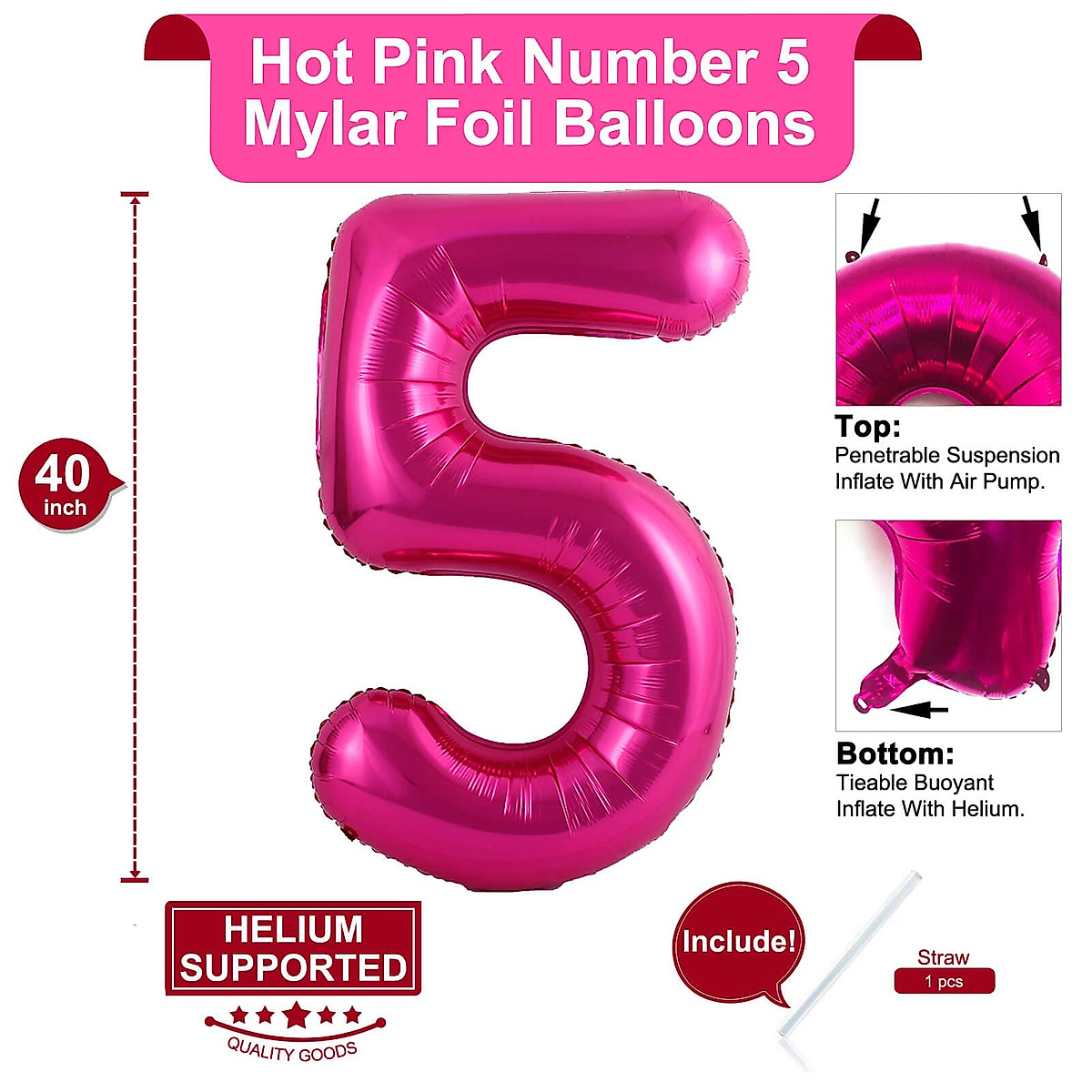 40 Inch Hot Pink Number 5 Balloon Large Size Jumbo Digit Mylar Foil Helium Bright Pink Balloons for Birthday Party Celebration Decorations Graduations Anniversary Baby Shower Photo Shoot