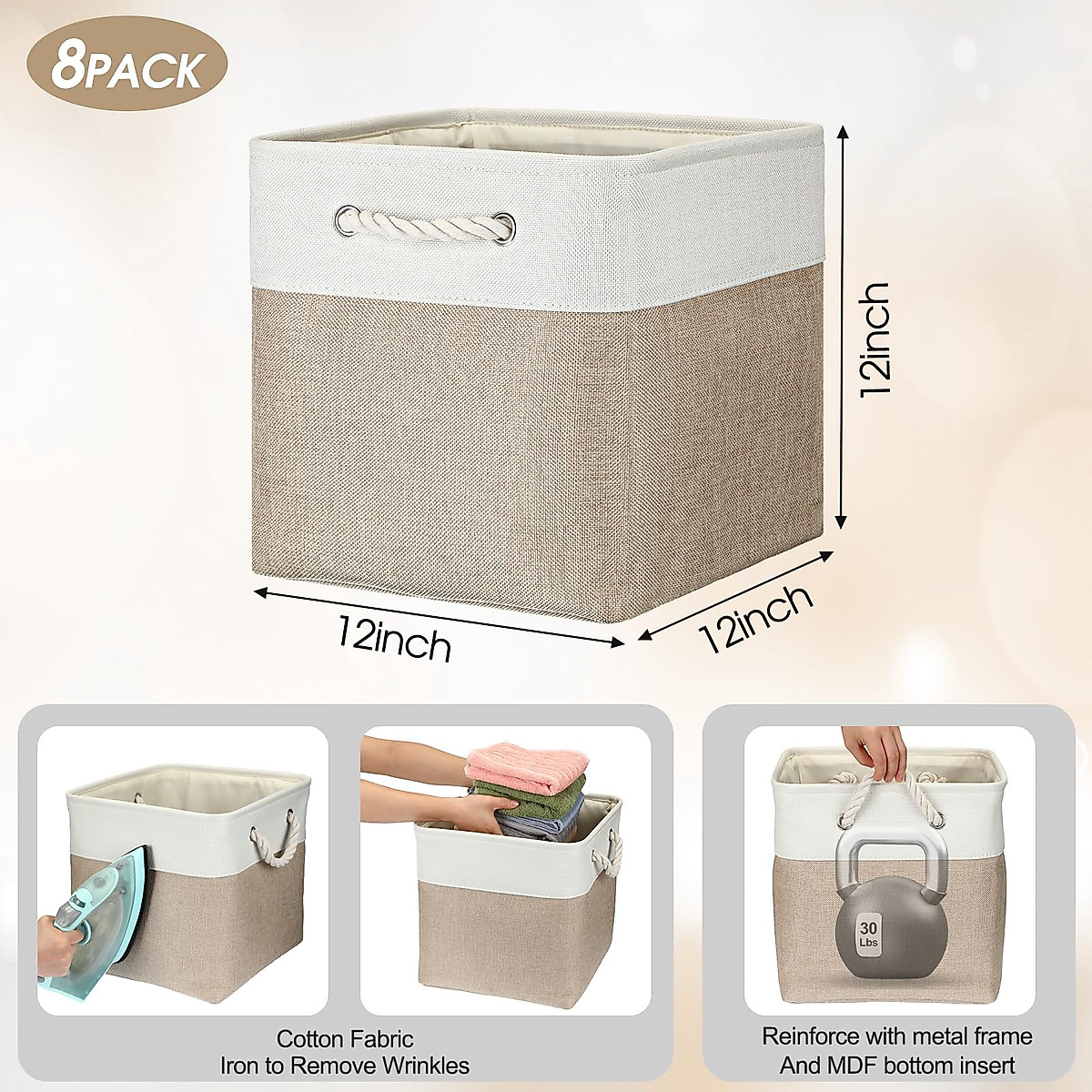 meekoo 8 Pack Collapsible Storage Bins Fabric Storage Bins Polyester Fabric Storage Baskets with Handles Linen Closet Organizer for Shelf Home Closet Towels Toys (Beige,12 x 12 x 12 In)