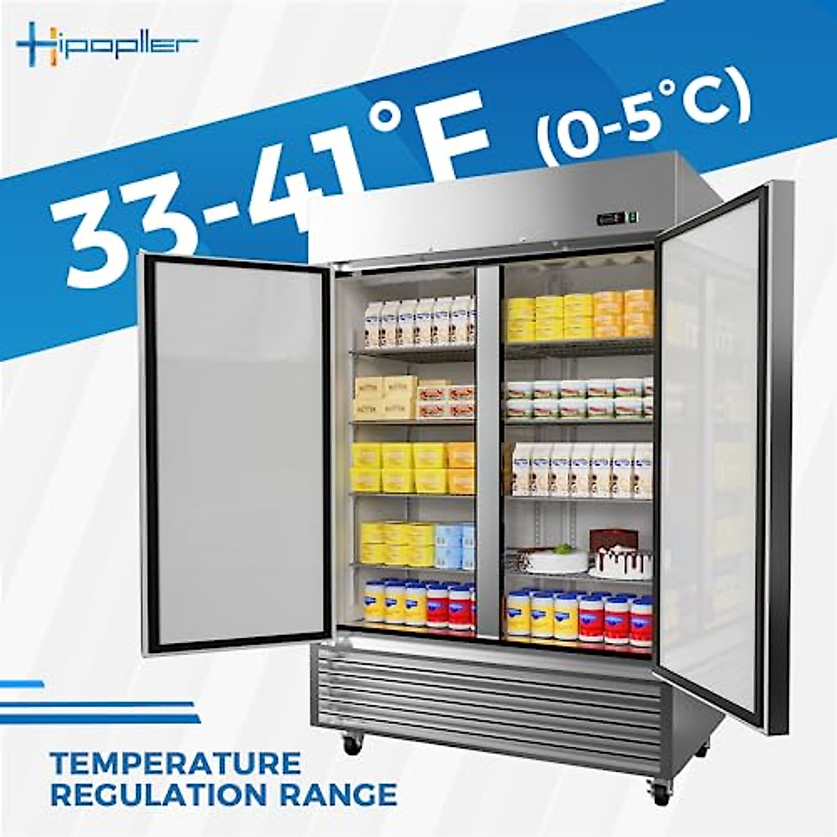 HIPOPLLER 54" W Double 2 Door Commercial Refrigerators, Stainless Steel Reach-in Commercial Fridge Cooler 49 Cu. Ft with 8 Shelves and LED Light, 115v for Commercial Kitchen, Restuarant, Bar, Shop