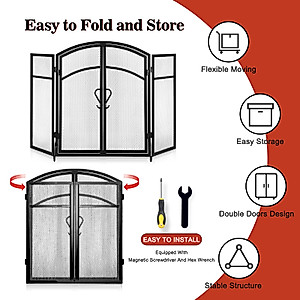 Gtongoko 3 Panel Fireplace Screen with Doors 51" W x 32" H Wrought Iron Extra Large Fireplace Screen Decorative Fire Spark Guard Grate for Living Room Home Decor - Black