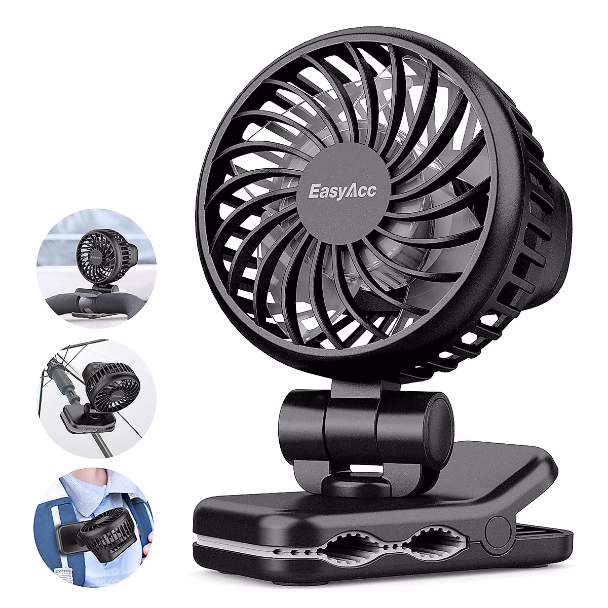 Stroller Fan, EasyAcc Rechargeable Battery Operated Mini Fan Clip on Fan, 540° Rotation Portable Fan with Narrow Gap Grille for Baby Safety, 3 Speeds Personal Desk Fan for Crib Umbrella Straps (Black)