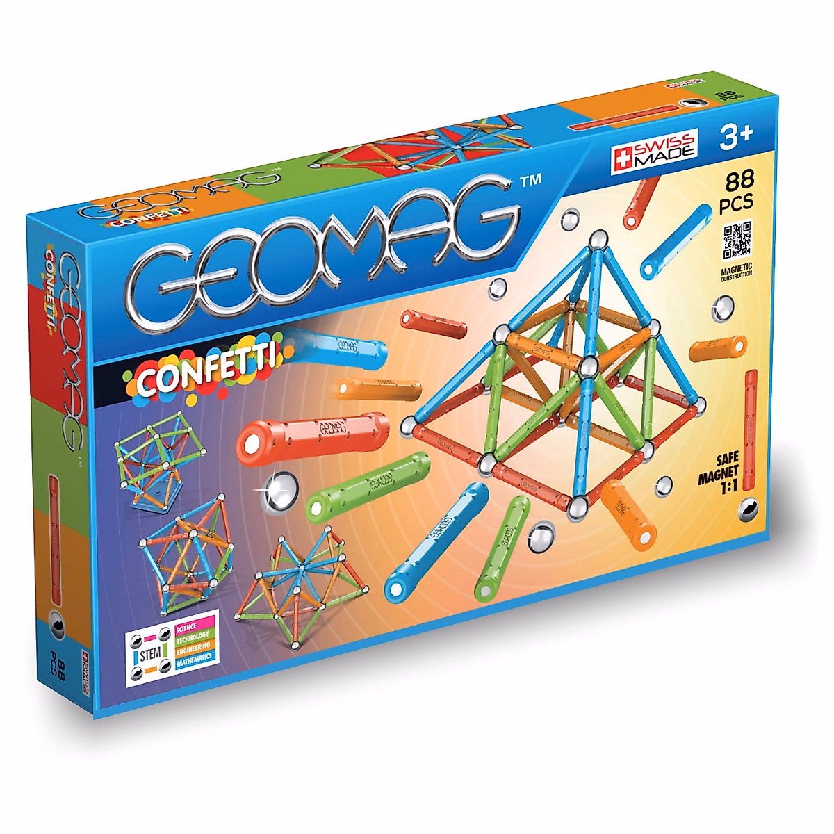 Geomag Magnetic Sticks and Balls Building Set | Magnet Toys for STEM, Creative, Educational Construction Play | Swiss-Made Innovation | Confetti 88 Piece Age 3+