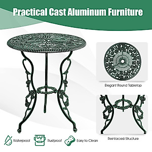 HAPPYGRILL 3-Piece Outdoor Bistro Set Rust-Resistant Cast Aluminum Table and Chairs with Elegant Rose Pattern, Outdoor Furniture Set with 1.9” Umbrella Hole for Balcony Backyard Garden Deck