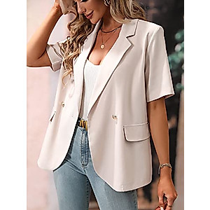SweatyRocks Women's Casual Lapel Neck Pocket Blazer Short Sleeve Button Down Work Office Blazer Jacket Apricot S