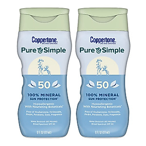 Coppertone Pure and Simple Sunscreen Lotion, SPF 50 Broad Spectrum Sunscreen with Zinc Oxide, 6 Oz, Pack of 2