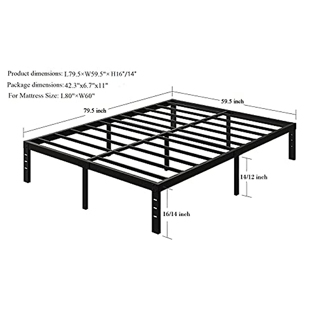 COMASACH 14 Inch Bed Frames Queen Size 3500 lbs Heavy Duty Platform with Sturdy Metal Slats, No Box Spring Needed, Easy Assembly, Under Bed Storage, Noise-Free, Non-Slip