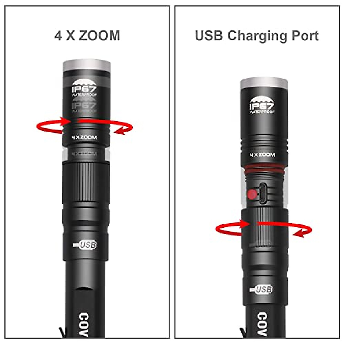 COVMAX Rechargeable Pen Light Flashlight IP67 Waterproof with Pocket Clip 4-Zoomable, Prefect for Inspection,Work,Repair