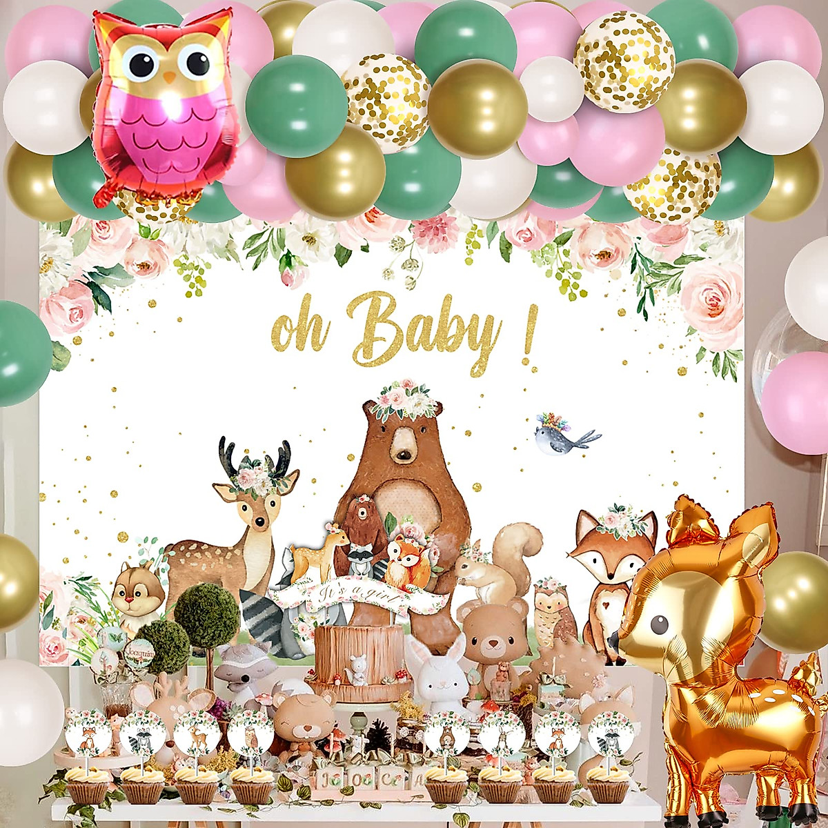 Woodland Animals Baby Shower Decorations for Girls - Woodland Creatures Balloon Garland Arch Kit Oh Baby Backdrop It’s a Girl Cake Cupcake Toppers, Forest Theme Baby Shower Supplies