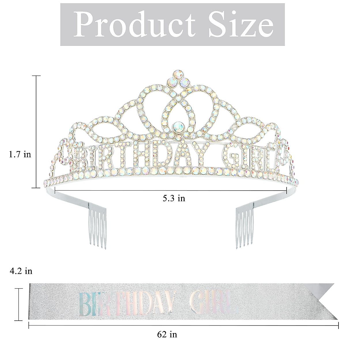 KICOSY Birthday Crown and Sashes for Women Princess Tiara Headband Elegant Sliver Crown for Girls Birthday Headpieces Hair Accessories Rhinestone Decoration Gifts Aurora Borealis Crystal Tiaras