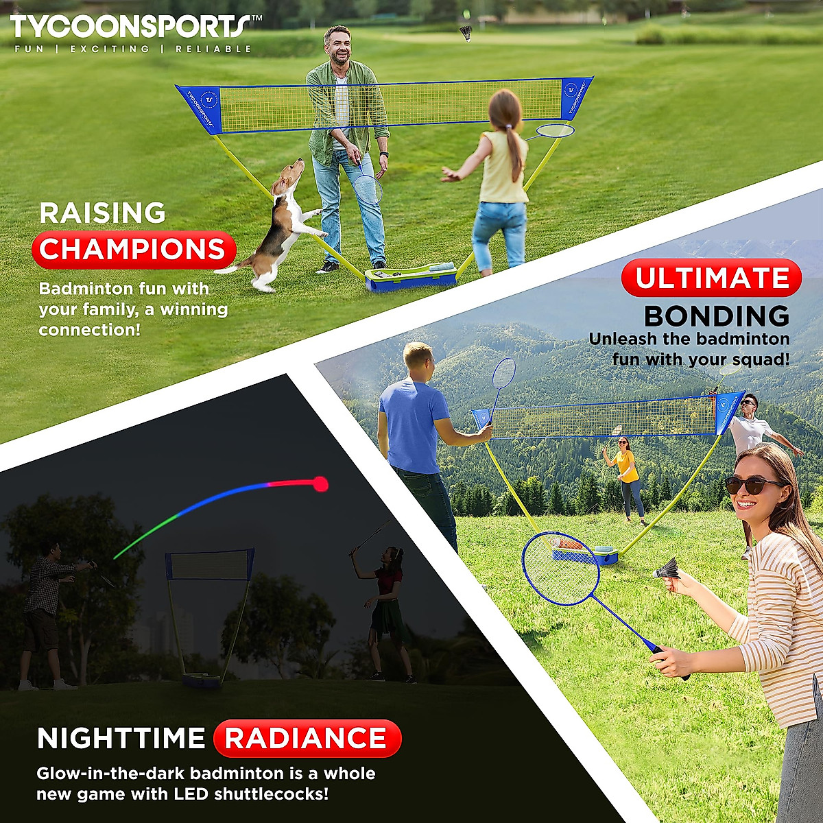 Complete Badminton Set | Portable Badminton Net with Stand 10 x 5 | 4 Badminton Rackets | 4 Over-Grips | 4 Racket Protectors | 8 Badminton Birdies (4 LED & 4 Goose-Feather) | 1 Hard Carry Case