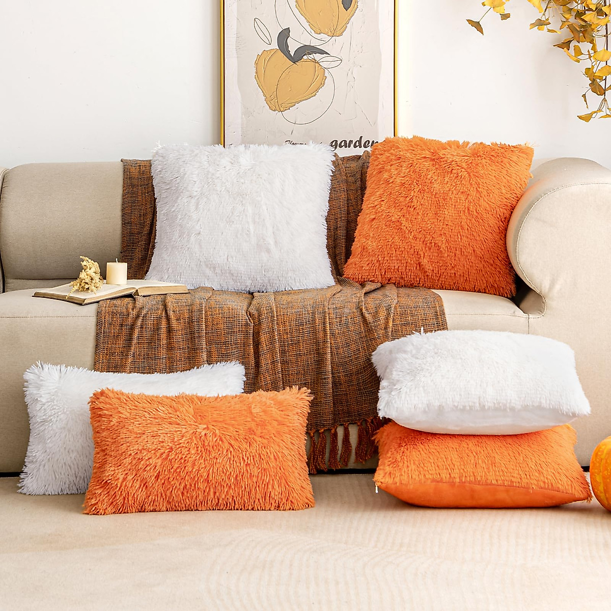 EMEMA Orange Fall Faux Fur Throw Pillow Covers 18x18 Inch Set of 2 Fluffy Pillowcase Fuzzy Fleece Decorative Square Cute Home Decor Luxury Soft Mongolian for Couch Sofa Bed Livingroom Halloween