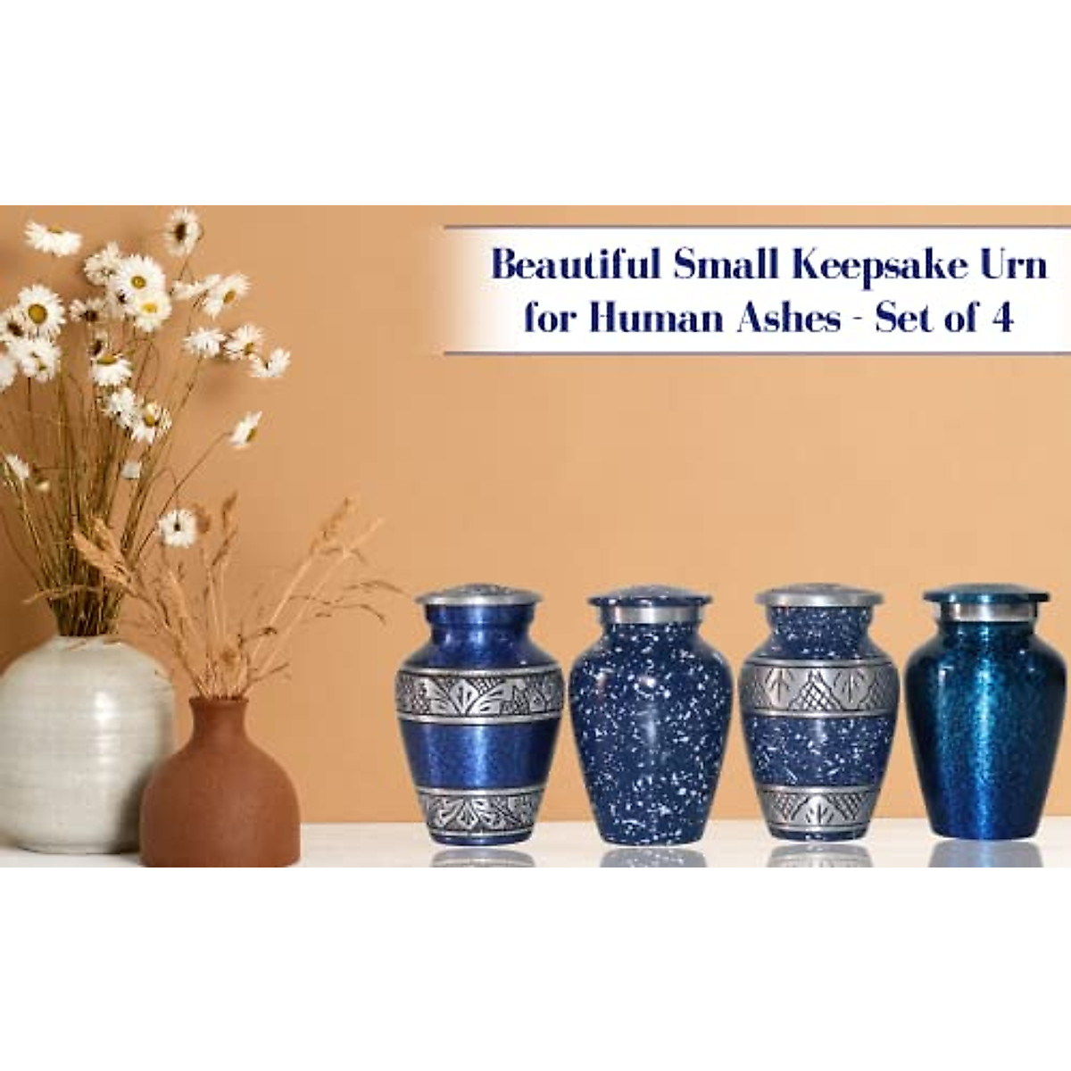 THE ASCENT MEMORIAL Blue Small Urns for Human Ashes Female Male | Set of 4 Premium Mini Keepsake Urns with Four Velvet Bags A Paper Funnel and A Stunning Magnet Closer Gift Box