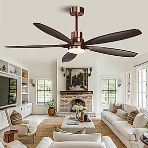 KAPOEFAN 60" Ceiling Fan with Light and Remote,Reversible DC Motor,6Speed,Modern Natural Wood Ceiling Fan with Dimmable LED for Outdoor Patios Bedroom Living Room,Black Walnut and Red Brass