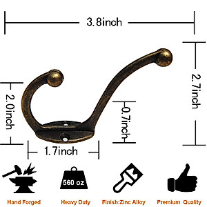 Heavy Duty Coat Hooks 10 Pack Wall Mounted Hooks Metal Hooks Dual Robe Hook Rustic Hooks Heavy Duty Dual Retro Double Hooks Coat Hanger and Screws for Coat/Backpack/Bag/Towel/Key/Cap