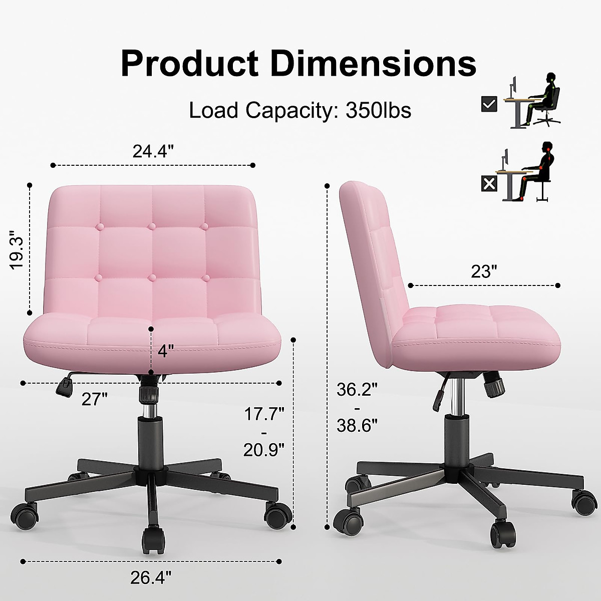 SeekFancy Criss Cross Chair with Wheels, Pink Armless Legged Office Desk Chair Wide Seat, Leather Comfortable Adjustable Swivel Computer Task Vanity Chairs for Small Space, Home Office