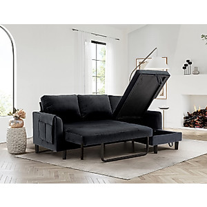 Modern Velvet Pull Out Sleeper Sofa Bed with Chaise, Comfy L Shaped Convertible Sleeper Couch with Storage and Pocket, Sectional 3 Seat Couch for Living Room Furniture or Office, Smooth Back - Black