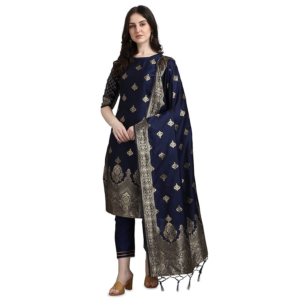 VredeVogel Women's Cotton Silk Jacquard Kurta Pant With Banarasi Silk Dupatta Large Navy Blue