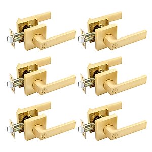 EHOMEWARE 6 Pack Gold Door Knobs Interior Brass Door Handles in Satin Brass Finish, Privacy Function for Bedroom Bathroom, Heavy Duty Gold Door Handles Levers with Modern Design