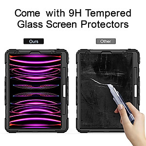 iPad Pro 12.9 inch Case 2022-2018 with 9H Tempered Glass Screen Protector, Ambison iPad pro 12.9 6th/5th/4th/3rd Generation Case Full Body Protective & 360° Rotatable Kickstand & Hand Strap(Black)
