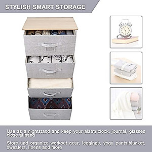 CERBIOR Drawer Dresser Closet Storage Organizer with Label Card 4-Drawer Closet Shelves, Sturdy Steel Frame Wood Top with Easy Pull Fabric Bins for Clothing, Blankets - Grey
