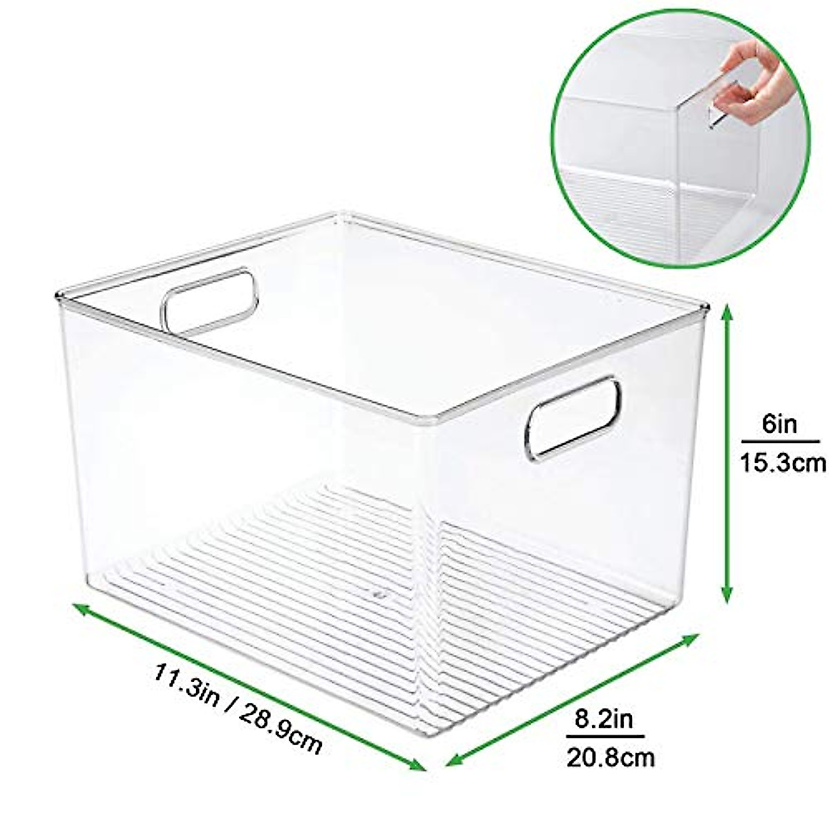 Zeeych Clear Deep Pantry Organizer Bins Household Plastic Food Storage Basket with Cutout Handles for Kitchen,Office, Cabinets, Refrigerator, Freezer, Bedrooms, Bathrooms - 11” L × 8” W × 6” H