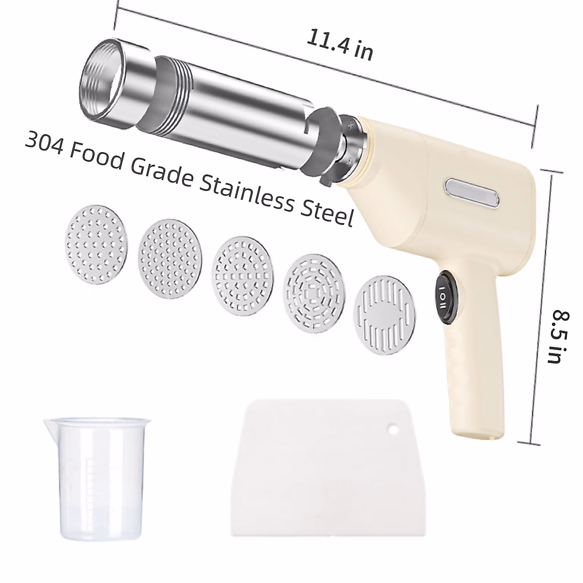 Electric Pasta Makers,Portable Handheld Automatic Mixers,Pasta Gun,Pasta Noodle Ramen Maker Machine,Automatic Portable Handheld Noodle Maker Machine 150W,White (+Five 2.5mm round dough bucket)