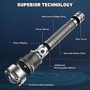 Rechargeable LED Flashlights High Lumens, 900,000 Lumen Brightest Flashlight with 5 Modes and Waterproof, Long Lasting Powerful Handheld Bright Flashlight for Emergencies Camping