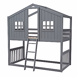 Merax Twin Over Twin House Bunk Bed with Ladder, Twin Wood Bed Frame with Roof Design, Bunk Bed for Teens, Boys and Girls, Gray