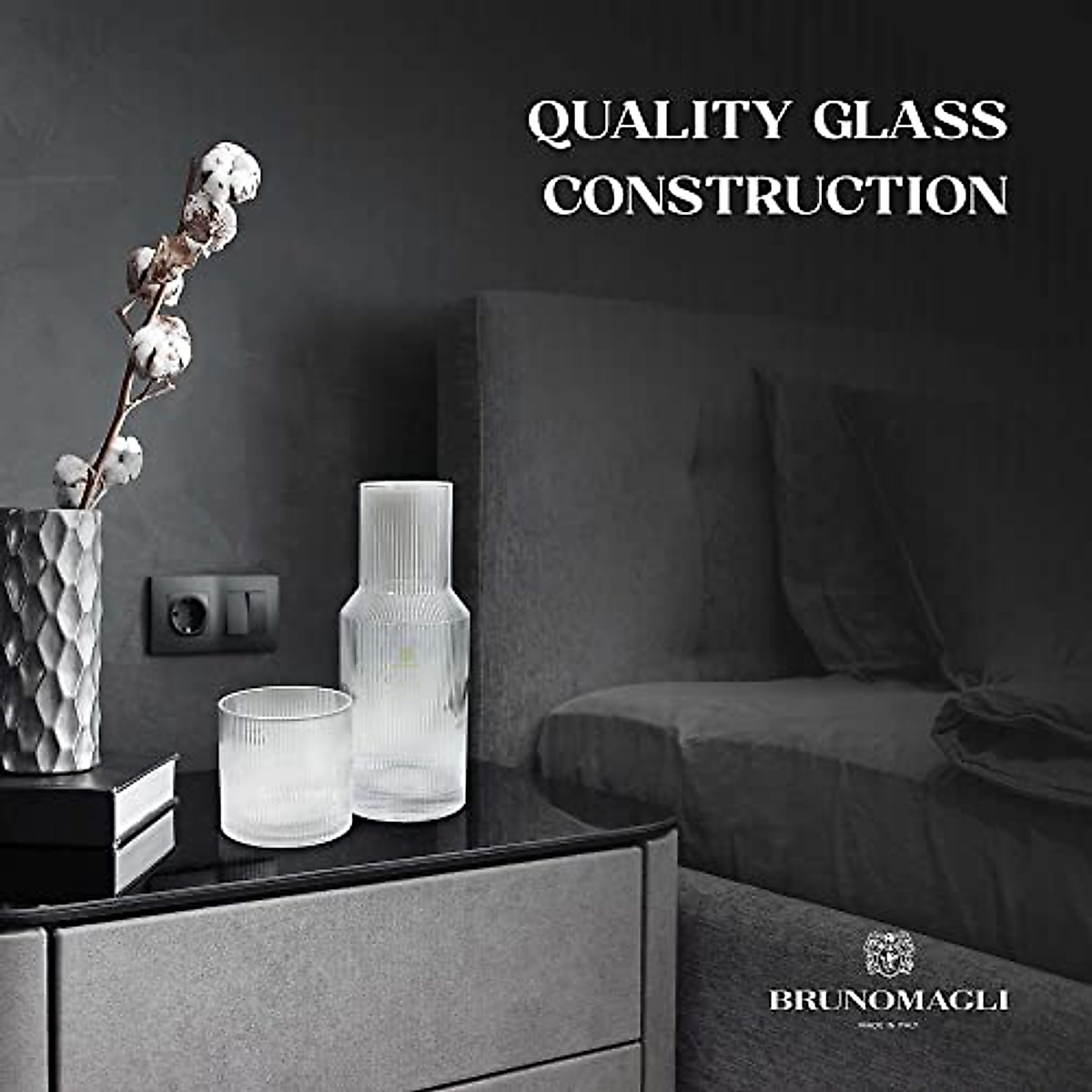 Bruno Magli Ribbed Carafe | 2-Pc Set | Drinking Glass Tumbler Doubles as a Lid | Elegant Nightstand Water Pitcher with Matching Cup for Office, Home, & Guest Room Décor | Gift Boxed (Clear)