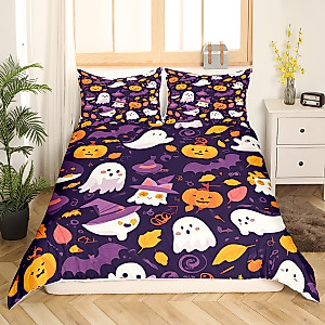 Feelyou Happy Halloween Duvet Cover Halloween Bedding Set for Kids Boys Girls Pumpkin Lantern Comforter Cover Witch Hat Ghost Bedspread Cover Bedroom Collection 3Pcs Full Size